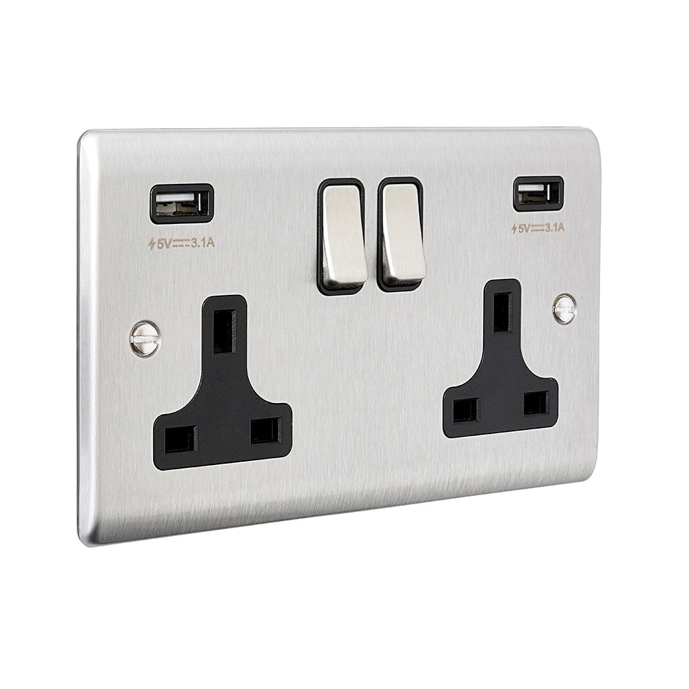 Raised Screwed 13A 2G DP Switched Socket with twin 5V USB - Brushed ...