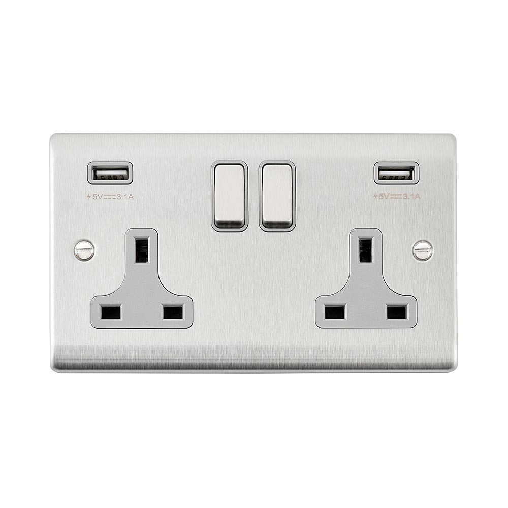Raised Screwed 13A 2G DP Switched Socket with twin 5V USB - Brushed ...