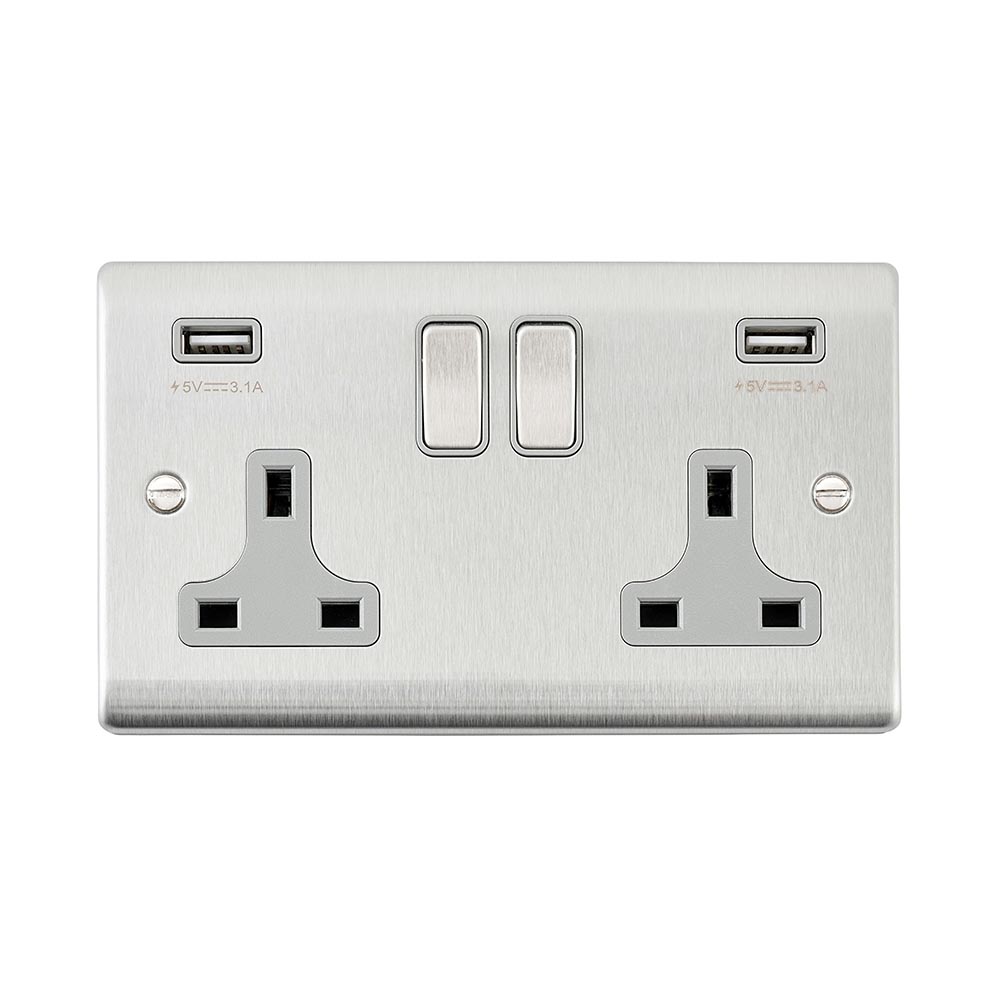 Raised Screwed 13A 2G DP Switched Socket with twin 5V USB - Brushed ...