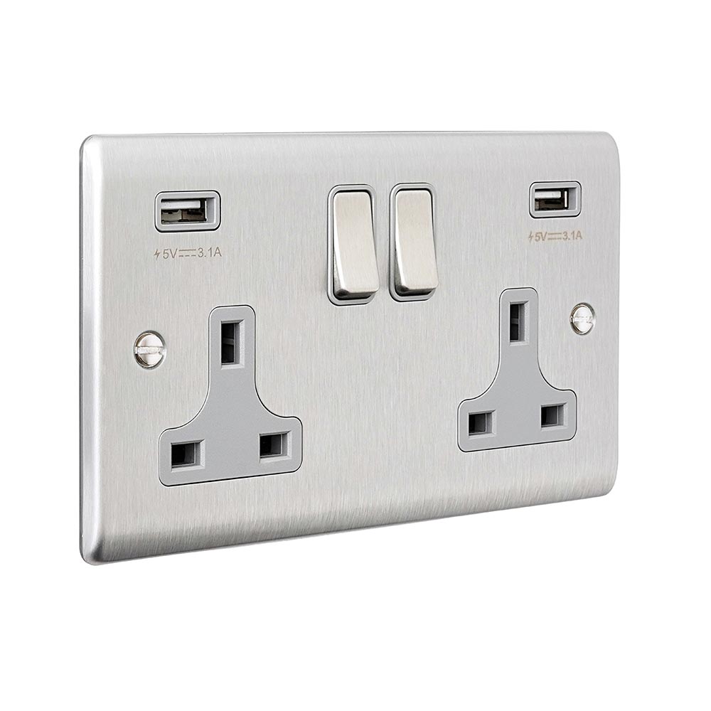 Raised Screwed 13A 2G DP Switched Socket with twin 5V USB - Brushed ...