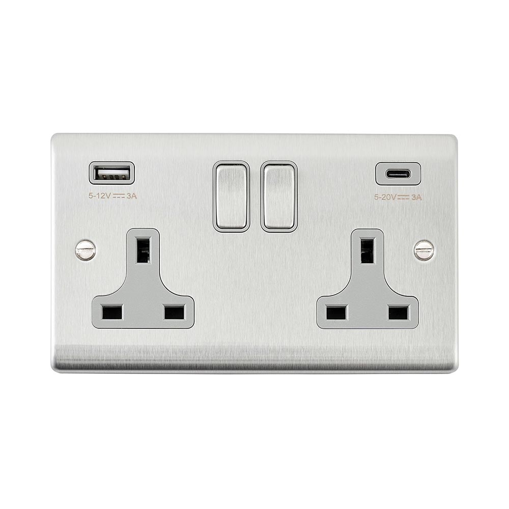 Raised Screwed 13A 2G DP Switched Socket with 45W USB A+C - Brushed ...