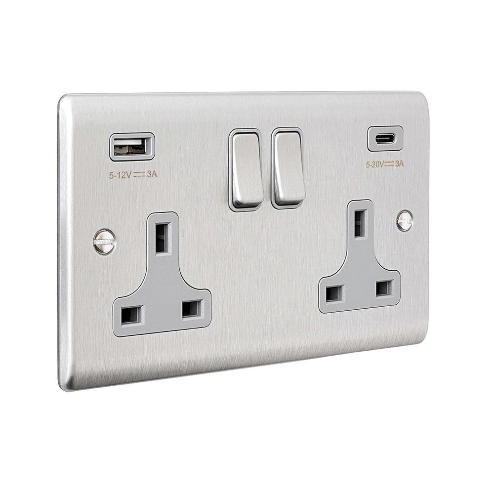 Raised Screwed 13A 2G DP Switched Socket with 45W USB A+C - Brushed ...