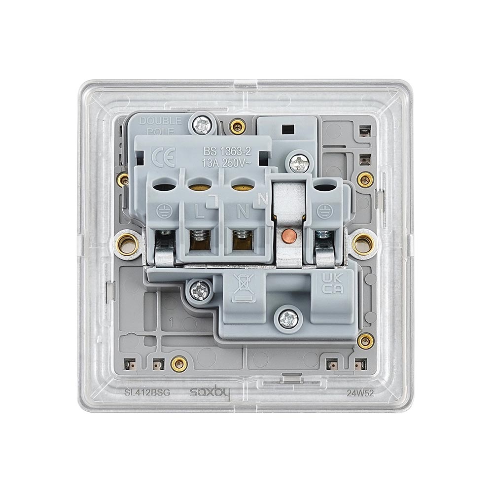 Screwless 13A 1G DP Switched Socket - Brushed Steel With Grey Insert