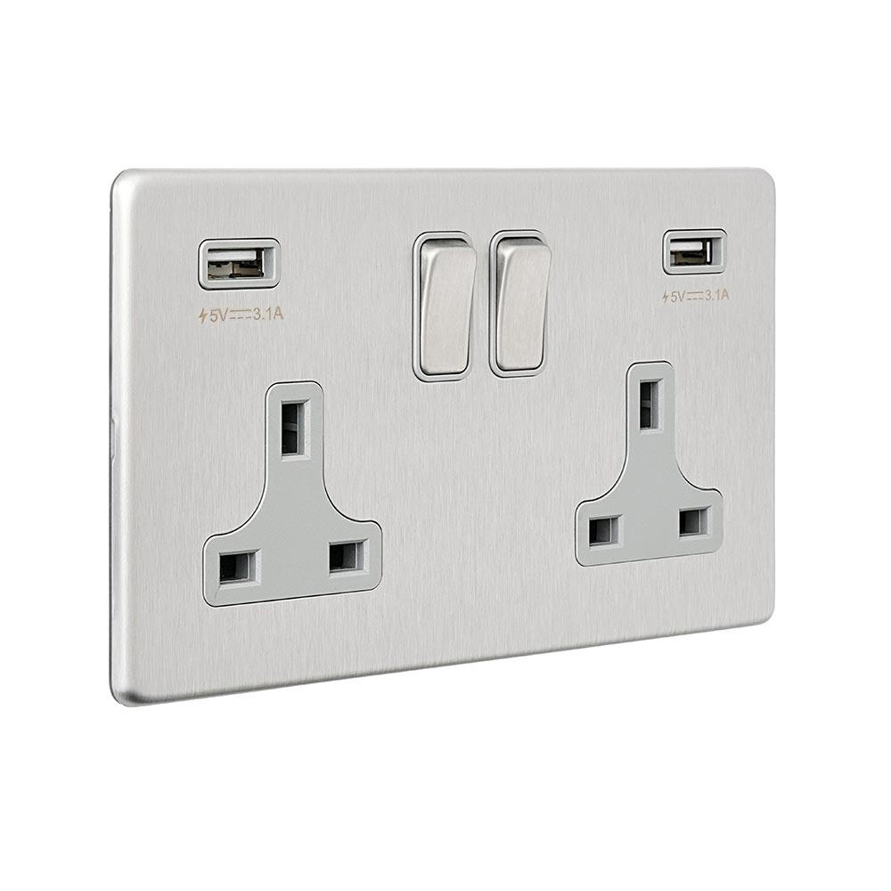 Screwless 13A 2G DP Switched Socket with twin 5V USB - Brushed Steel ...