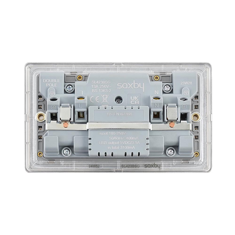 Screwless 13A 2G DP Switched Socket with twin 5V USB - Brushed Steel ...