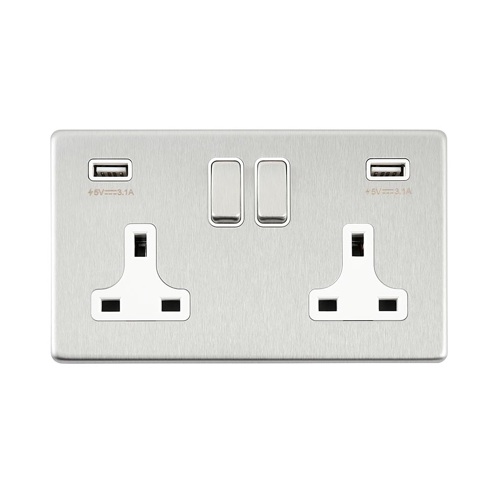 Screwless 13A 2G DP Switched Socket with twin 5V USB - Brushed Steel ...
