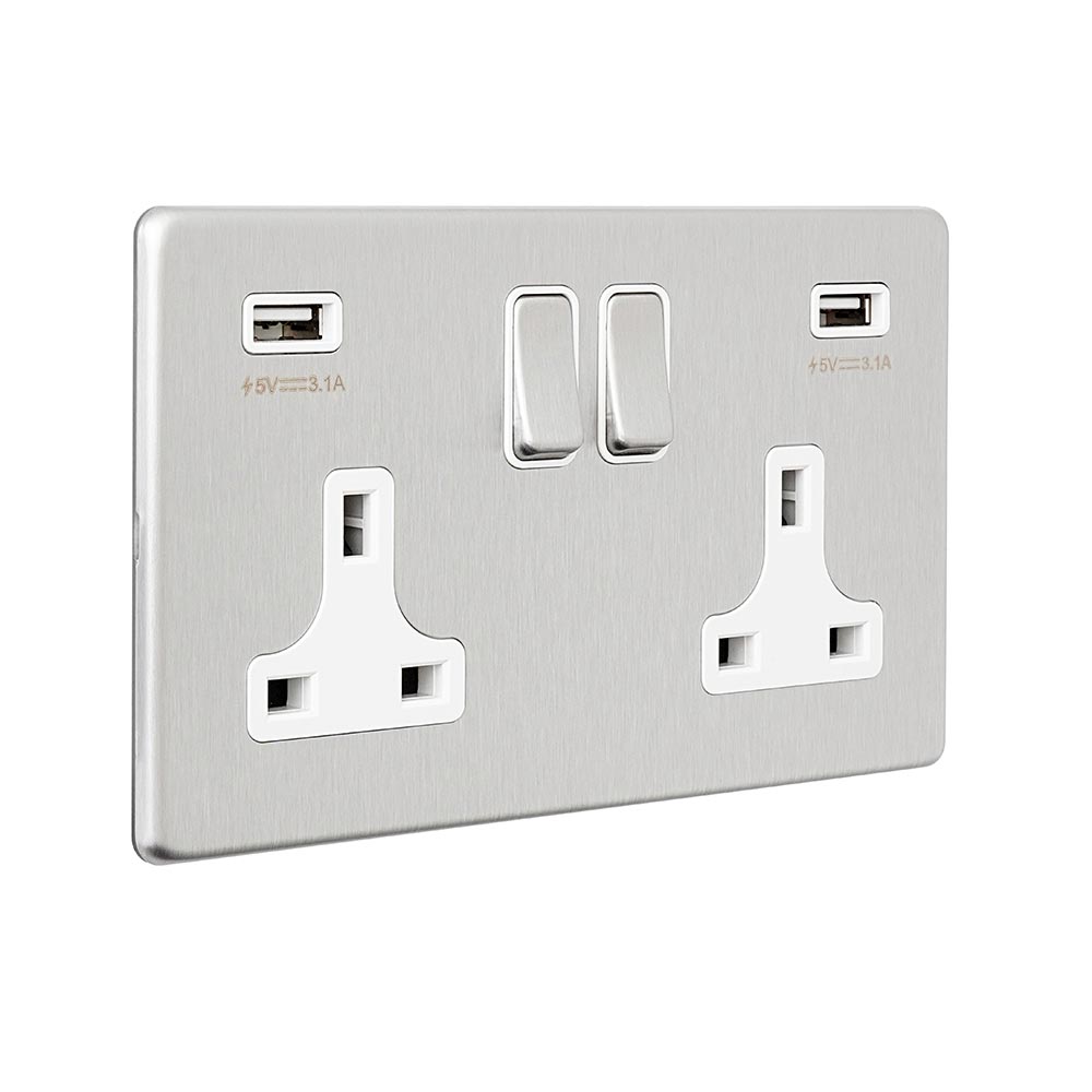 Screwless 13A 2G DP Switched Socket with twin 5V USB - Brushed Steel ...