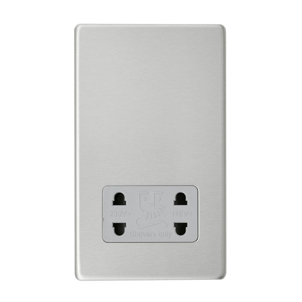 Screwless Dual Voltage Shaver Socket - Brushed Steel With Grey Insert