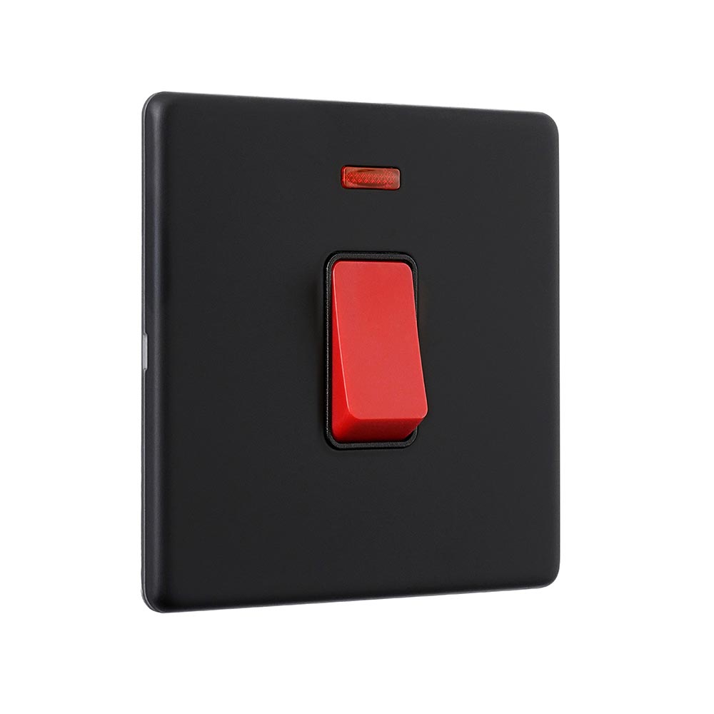 Screwless 45A 1G DP Switch with Neon - Matt Black With Black Insert